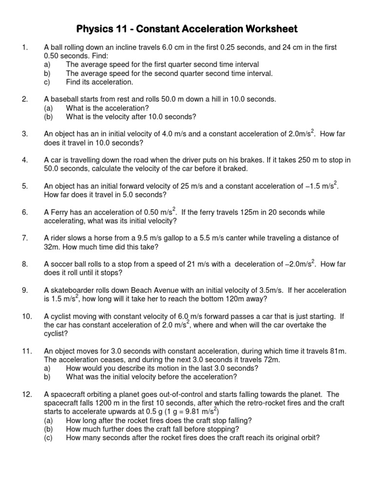 Constant Acceleration Physics Worksheet | PDF | Acceleration | Orbit