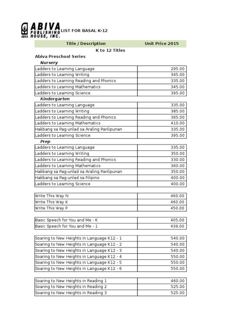 2016 Abiva Pricelist | PDF | Kindergarten | Educational Psychology