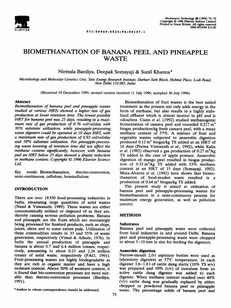 Biomethanation of Banana Peel and Pineapple Waste | PDF | Anaerobic ...
