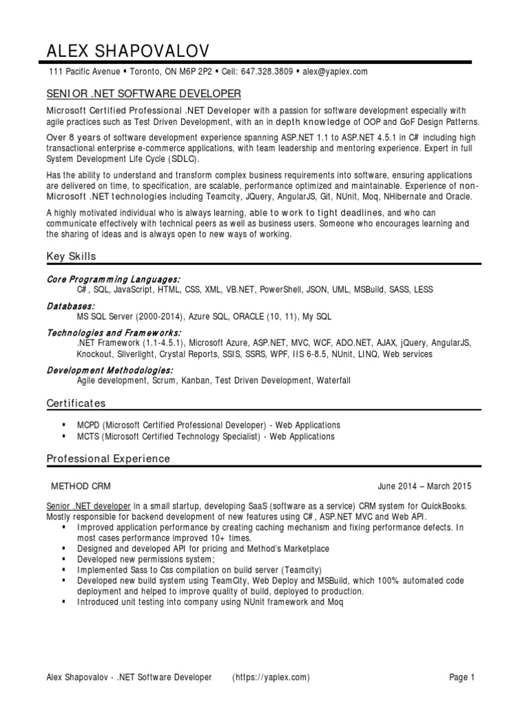 Senior .NET Developer Resume | PDF | Service Oriented Architecture | Web Service