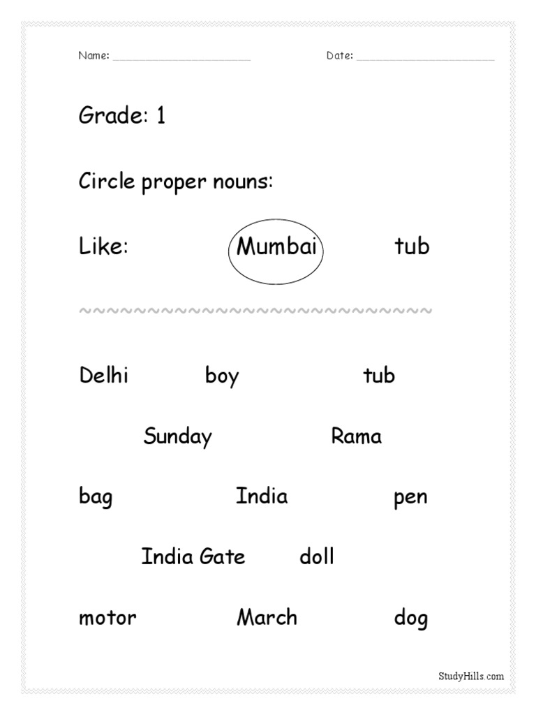 Proper Nouns Worksheet for Grade 1 | PDF