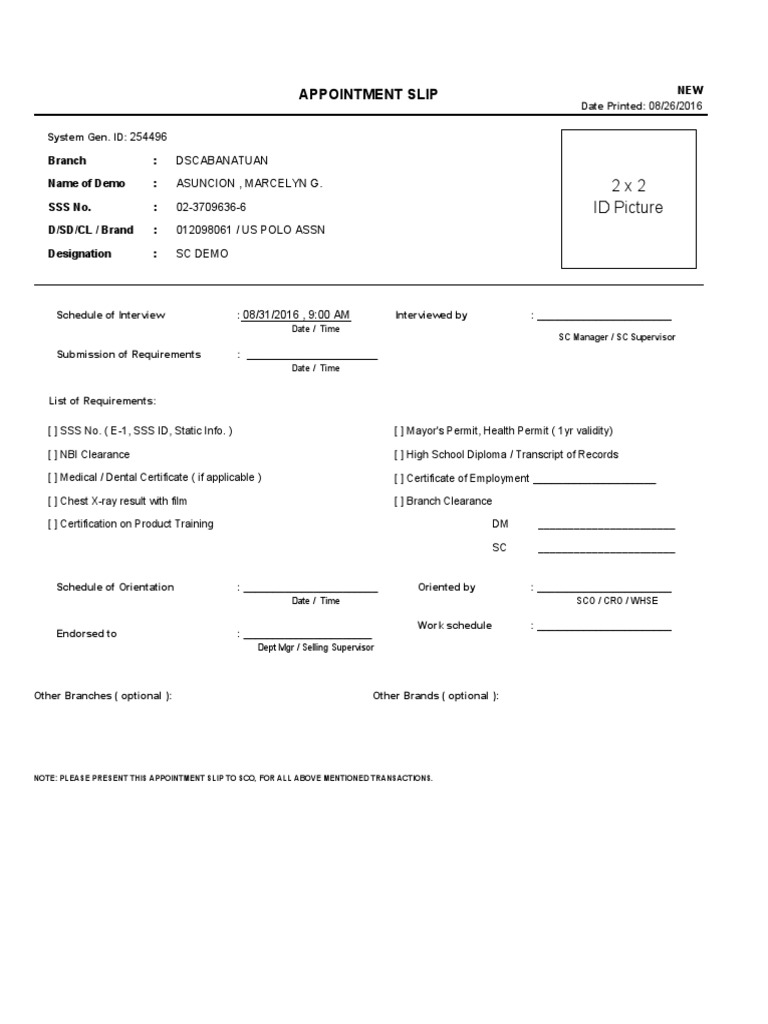 Appointment Slip: 2 X 2 ID Picture | PDF