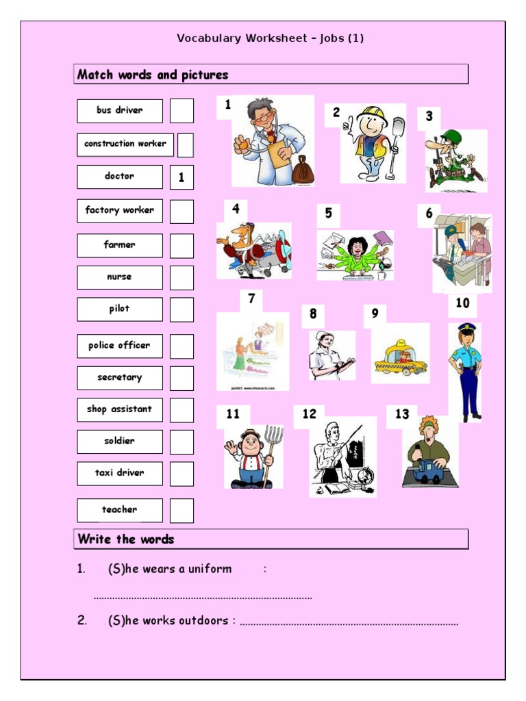 Jobs Vocabulary Matching Worksheet | PDF