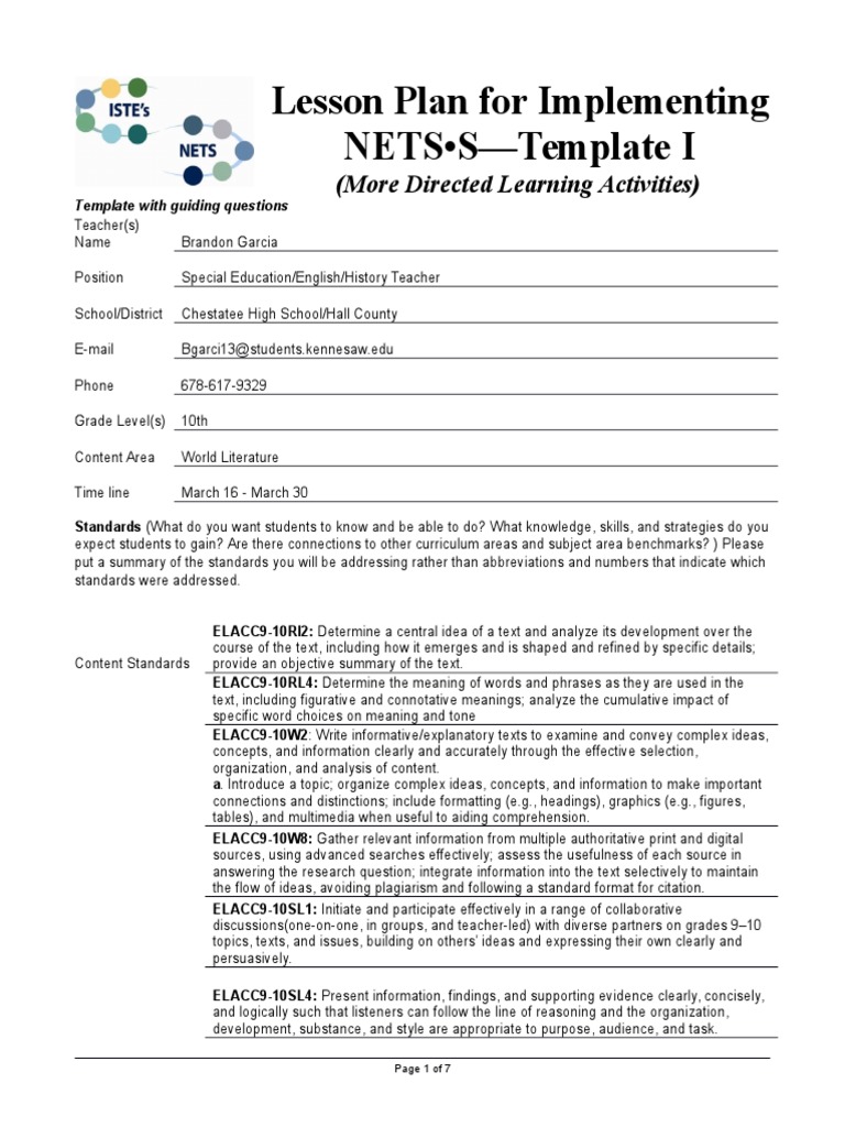 Lesson Plan For Implementing NETS - S-Template I: (More Directed ...