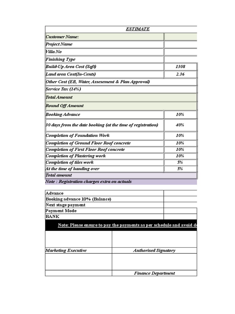 Advance Booking Advance 10% (Balance) Next Stage Payment Payment Mode ...