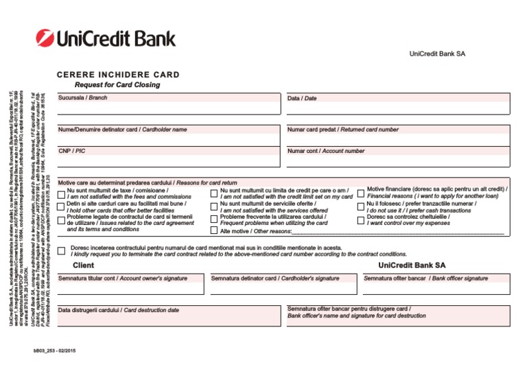 Cerere Închidere Card UniCredit | PDF