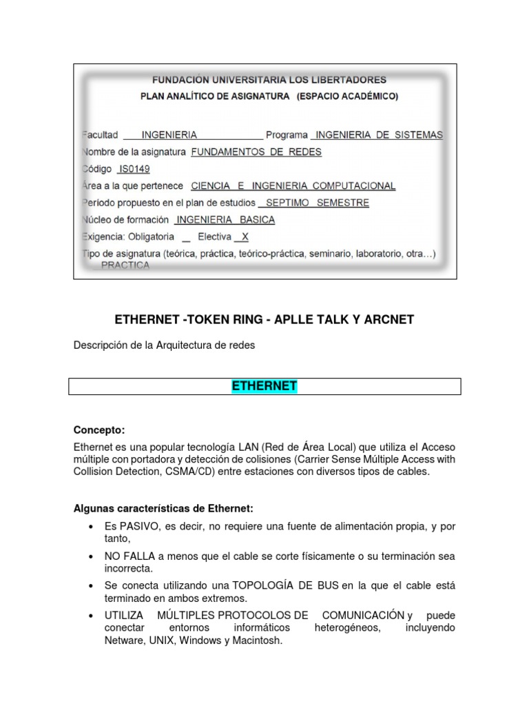 Ethernet Token Ring AppleTalk y ArcNet | PDF | Ethernet | Red de computadoras