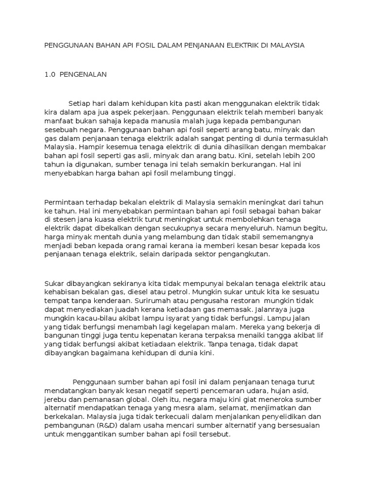 Penggunaan Bahan Api Fosil Dalam Penjanaan Elektrik Di Malaysia | PDF