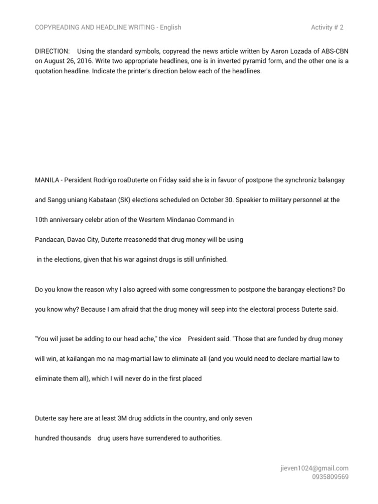 Copyreading and Headline Writing Exercise | PDF