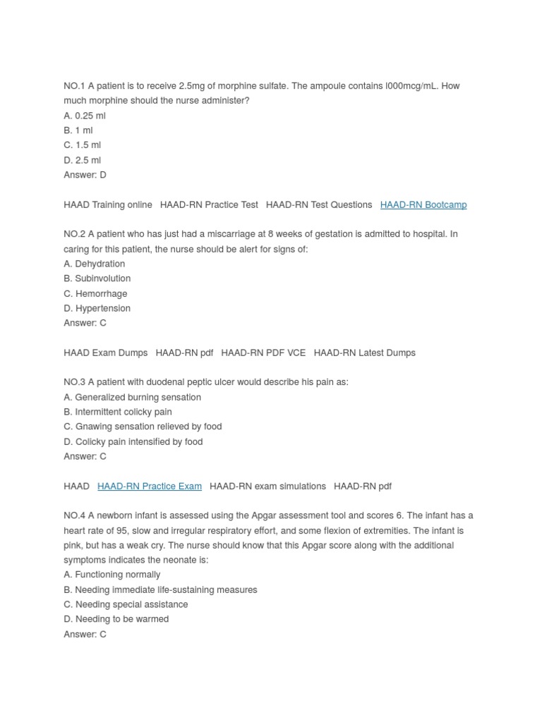 Latest HAAD HAAD-RN of Exam Practice Questions and Answers | PDF | Pain ...