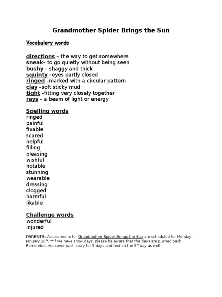 Grandmother Spider Brings The Sun Spelling and Vocabulary | PDF | Nature
