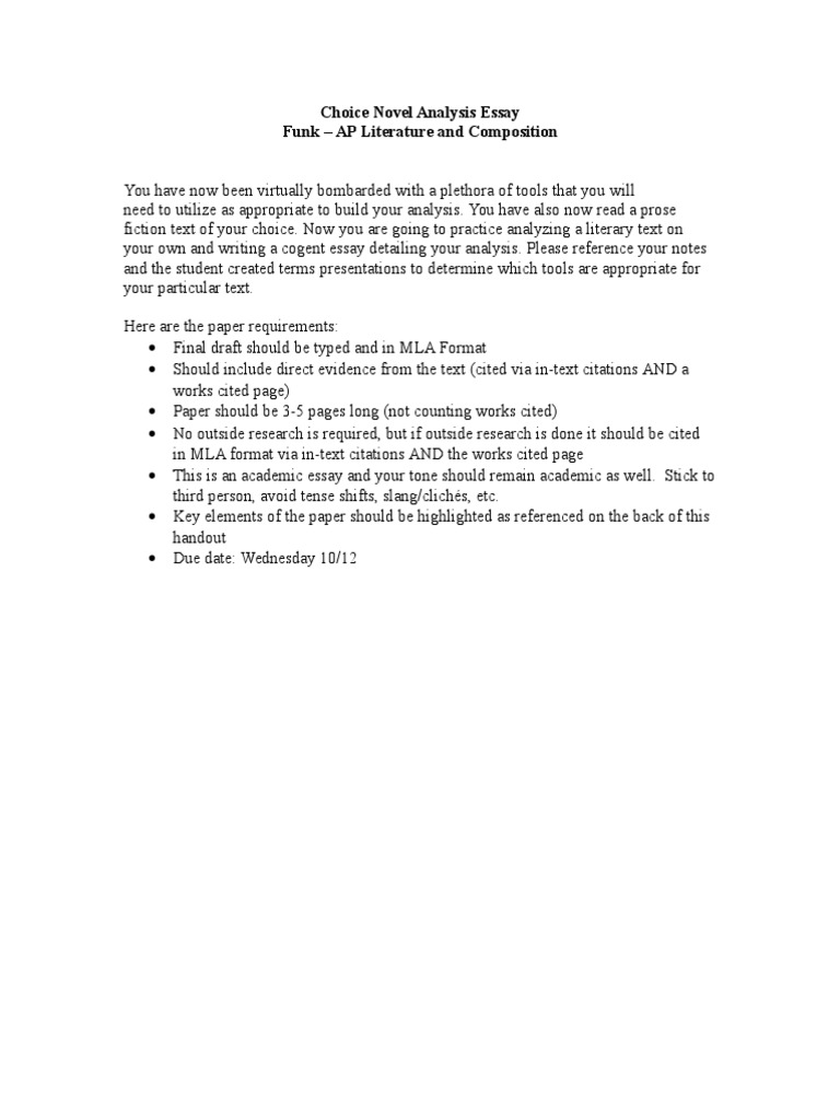 Choice Novel Analysis Essay Funk - AP Literature and Composition | PDF