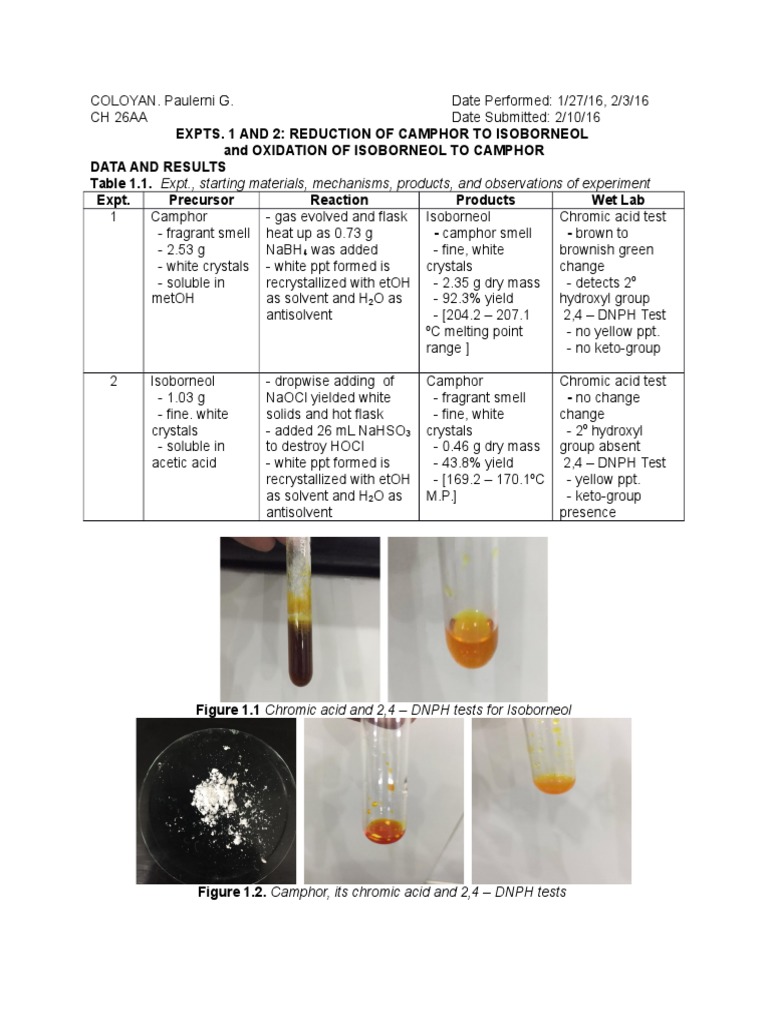 REDUCTION OF CAMPHOR TO ISOBORNEOL and OXIDATION OF ISOBORNEOL TO ...