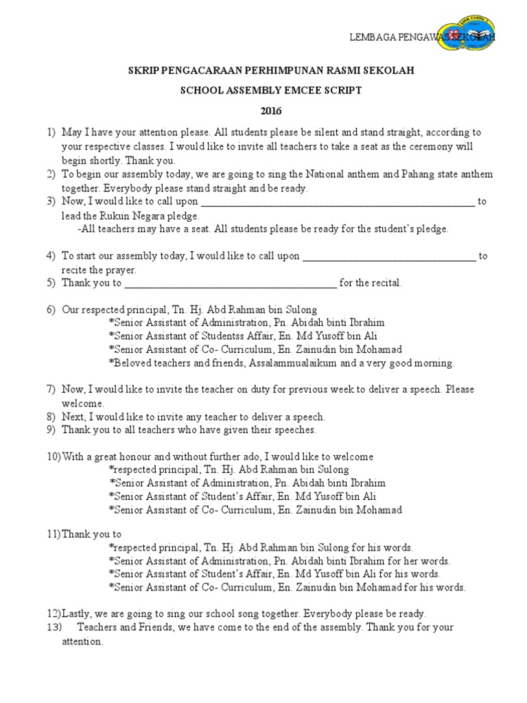 Skrip Pengacaraan Perhimpunan Rasmi Sekolah | PDF