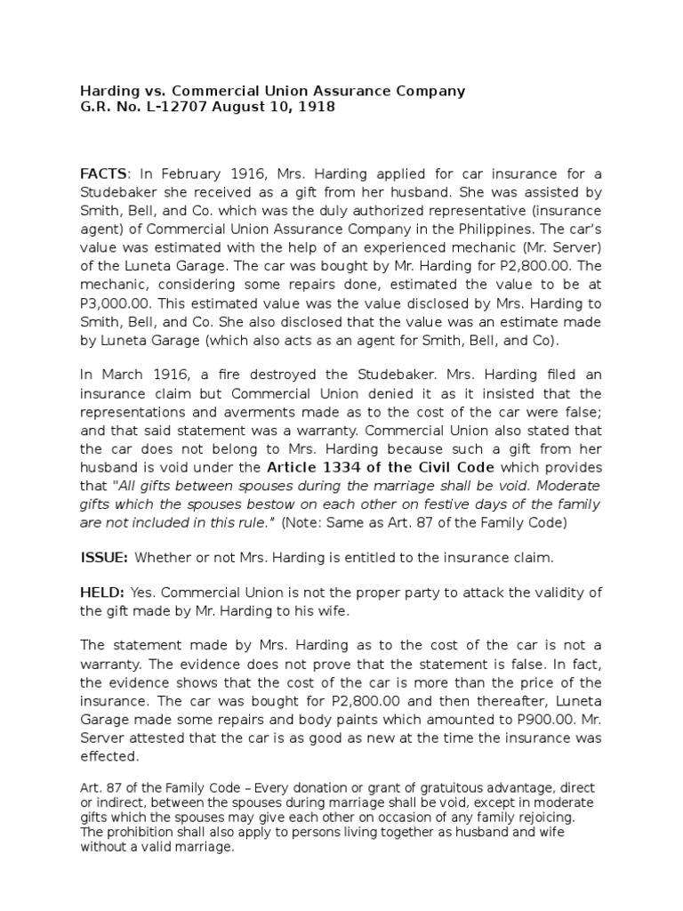 Harding Vs Commercial Union Assurance Company | PDF | Marriage | Insurance