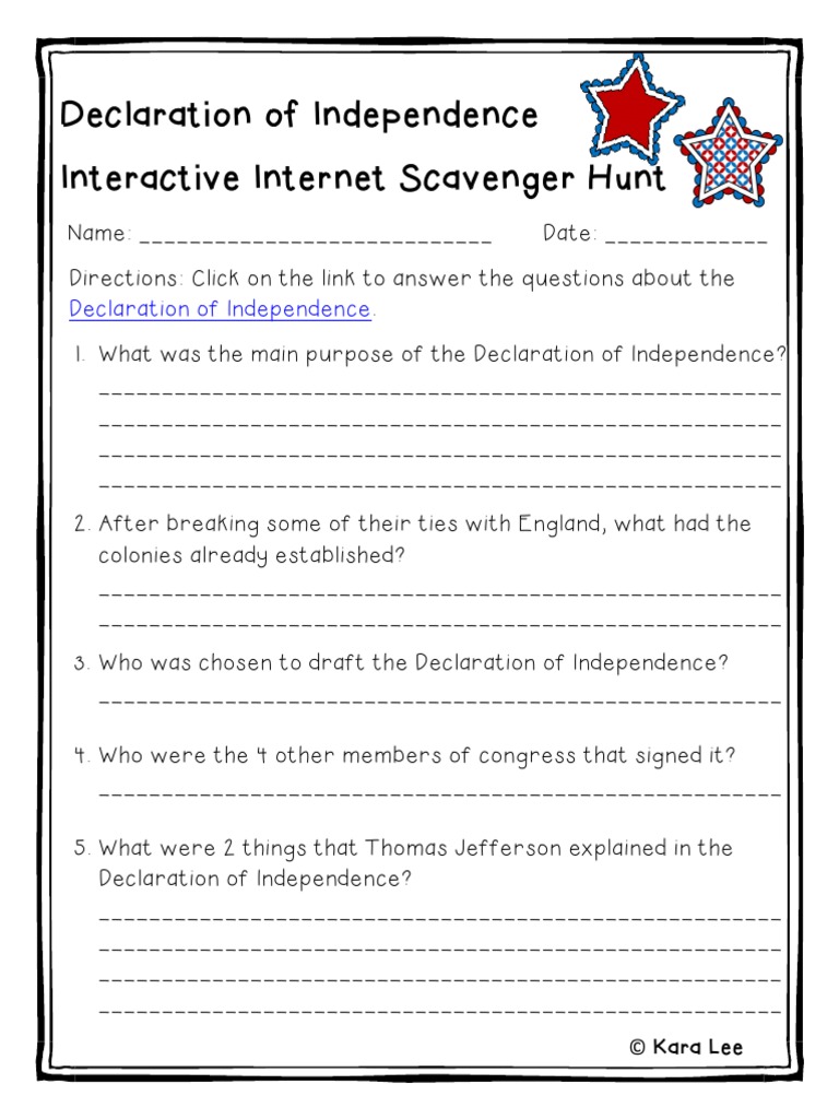Declaration of Independence Internet Scavenger Hunt | PDF | United ...