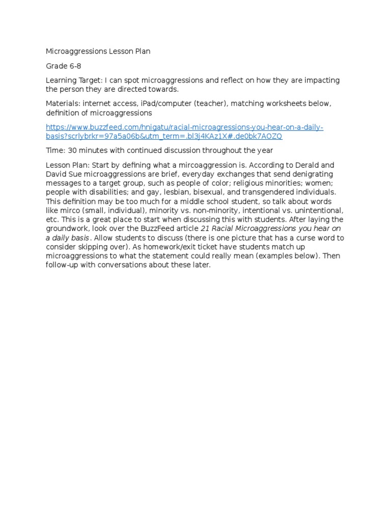 Understanding Microaggressions in Classrooms | PDF | Lesson Plan ...