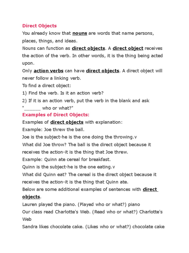Noun-Direct Object Example | Download Free PDF | Object (Grammar) | Verb