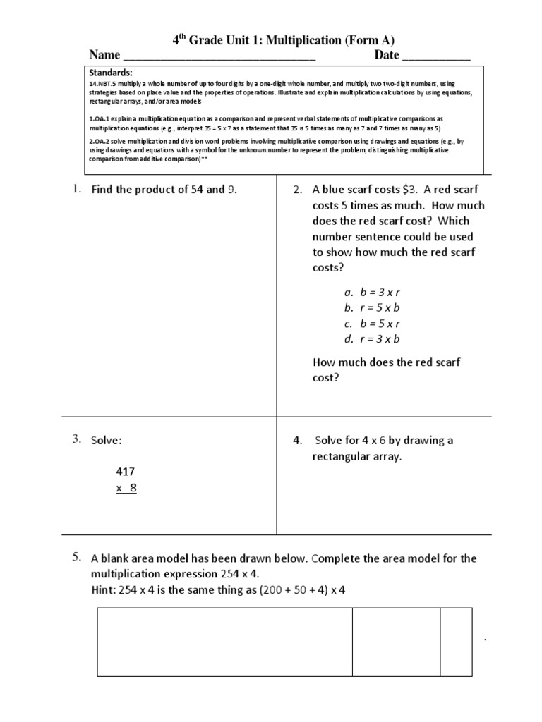 4th Grade Multiplication Assessment Form | PDF | Multiplication | Equations