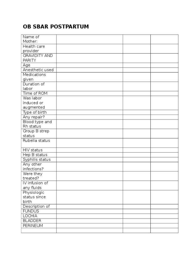 Ob Sbar Postpartum