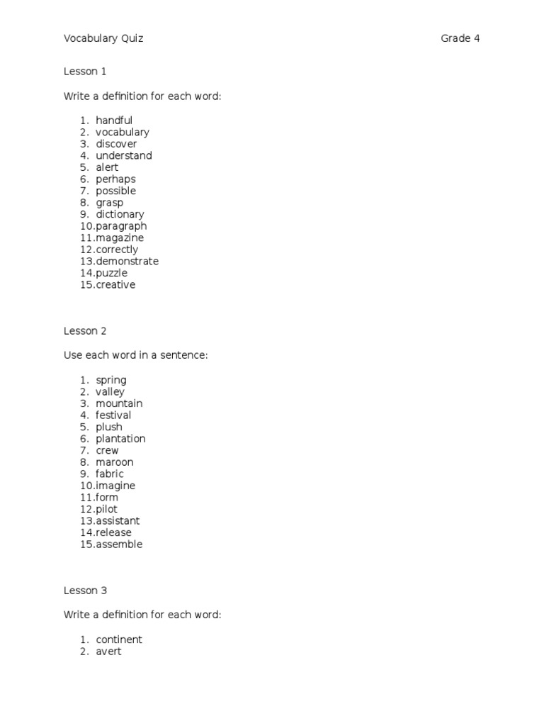 Vocabulary Quizzes Grade 4 Seton | PDF | Semantics