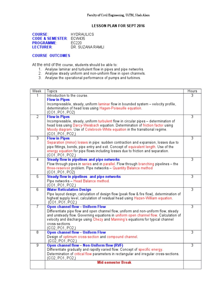 Lesson Plan Ecw435 Sept2016 | PDF | Fluid Dynamics | Fluid Mechanics