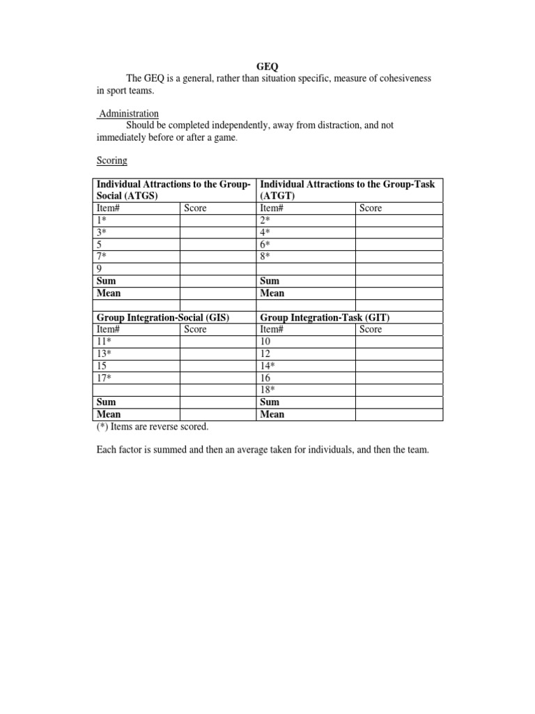 Group Environment Questionnaire GEQ 2 | Questionnaire | Psychology ...