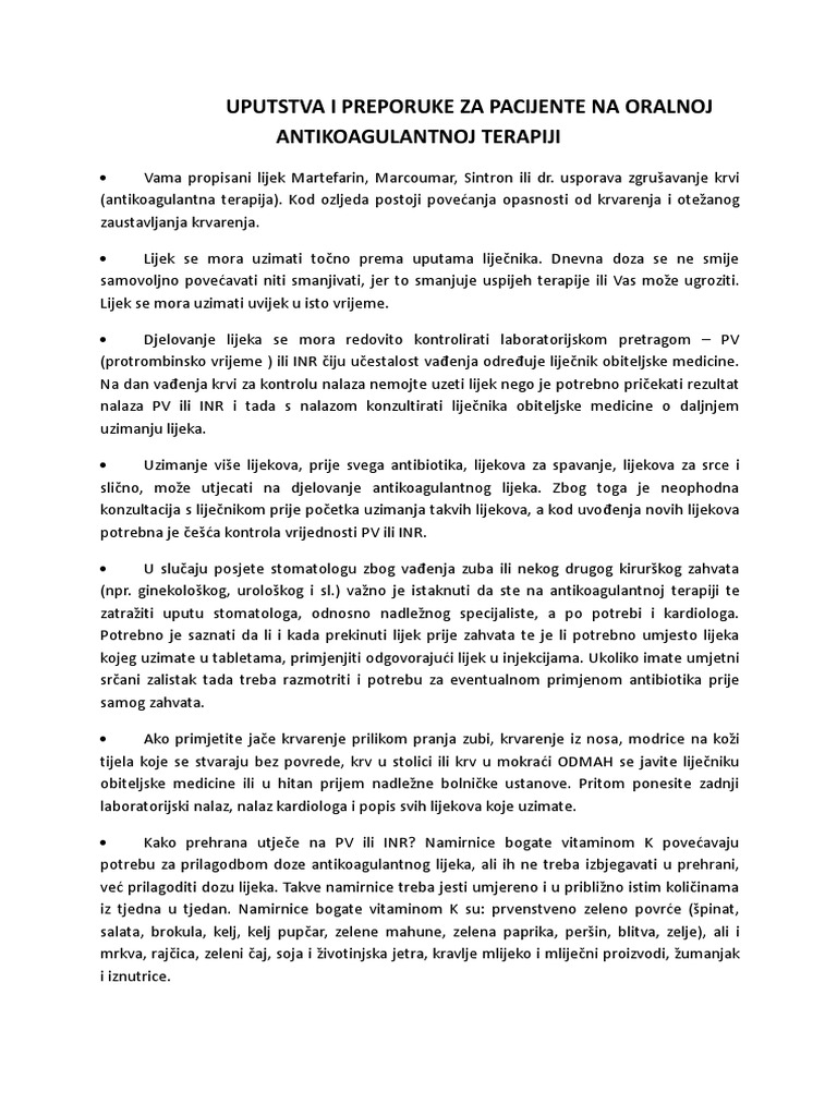 Uputa Antikoagulantna Terapija PDF | PDF