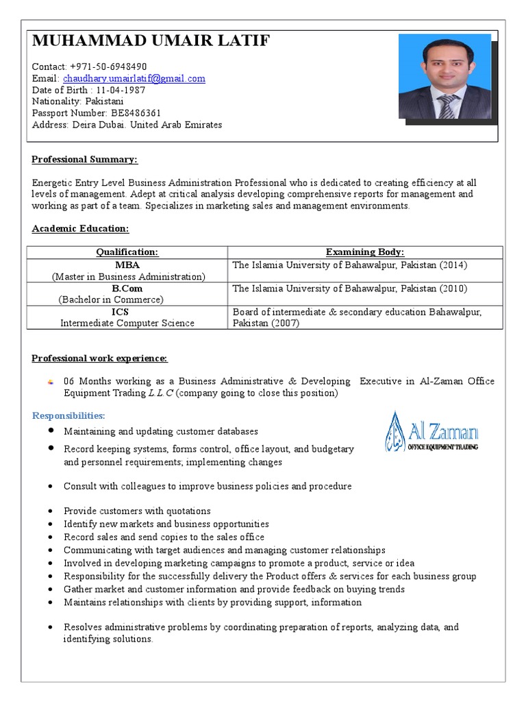 M.Umair Latif CV UAE | Download Free PDF | Employment | Master Of ...