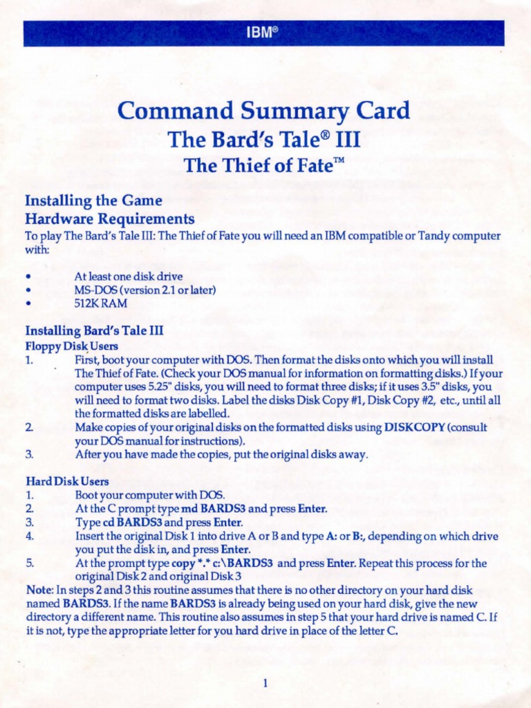 Command Summary Card: The Bard's Tale® III | Download Free PDF ...