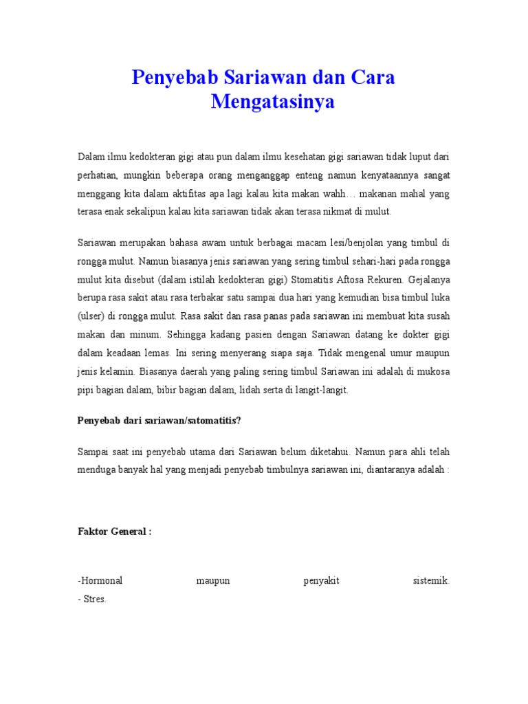 Mengatasi Sariawan dan Faktor Penyebabnya | PDF