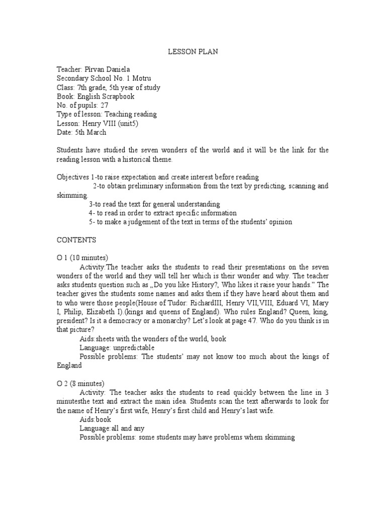 Henry VIII Reading Lesson Plan | PDF | Speed Reading | Lesson Plan