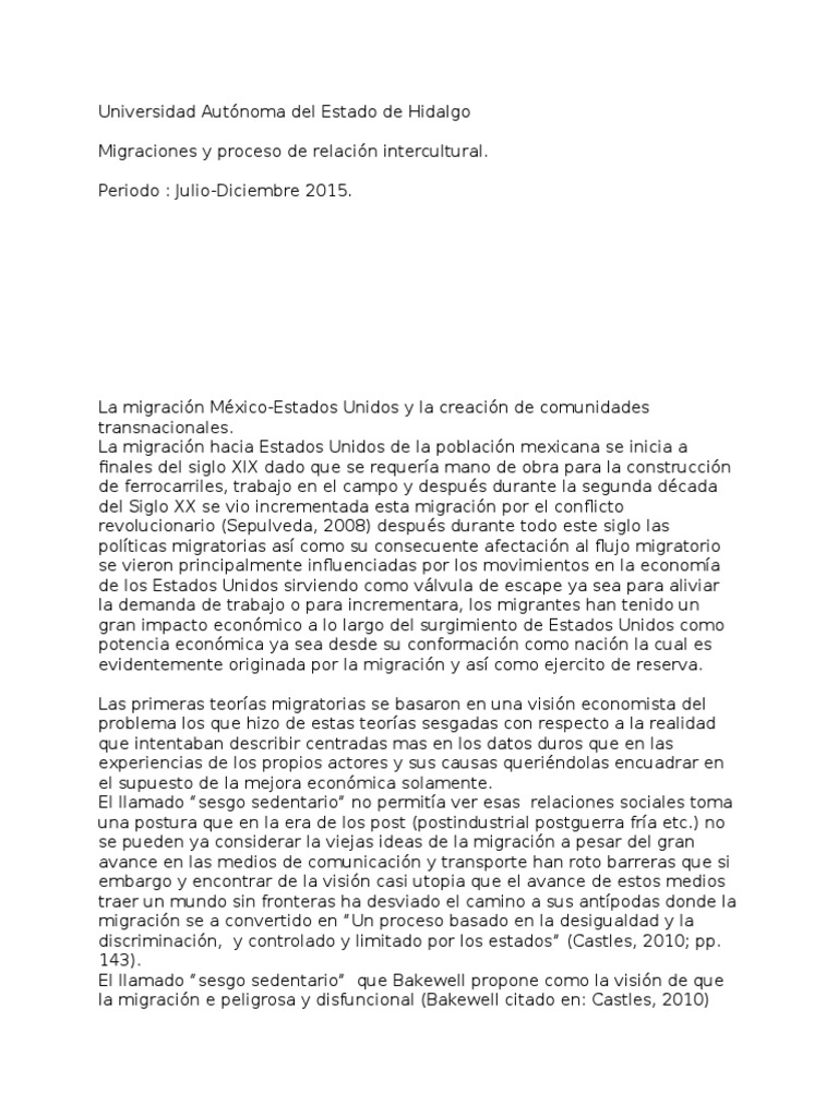 Ensayo de Migración Mexico-Estados Unidos | PDF | Migración humana ...