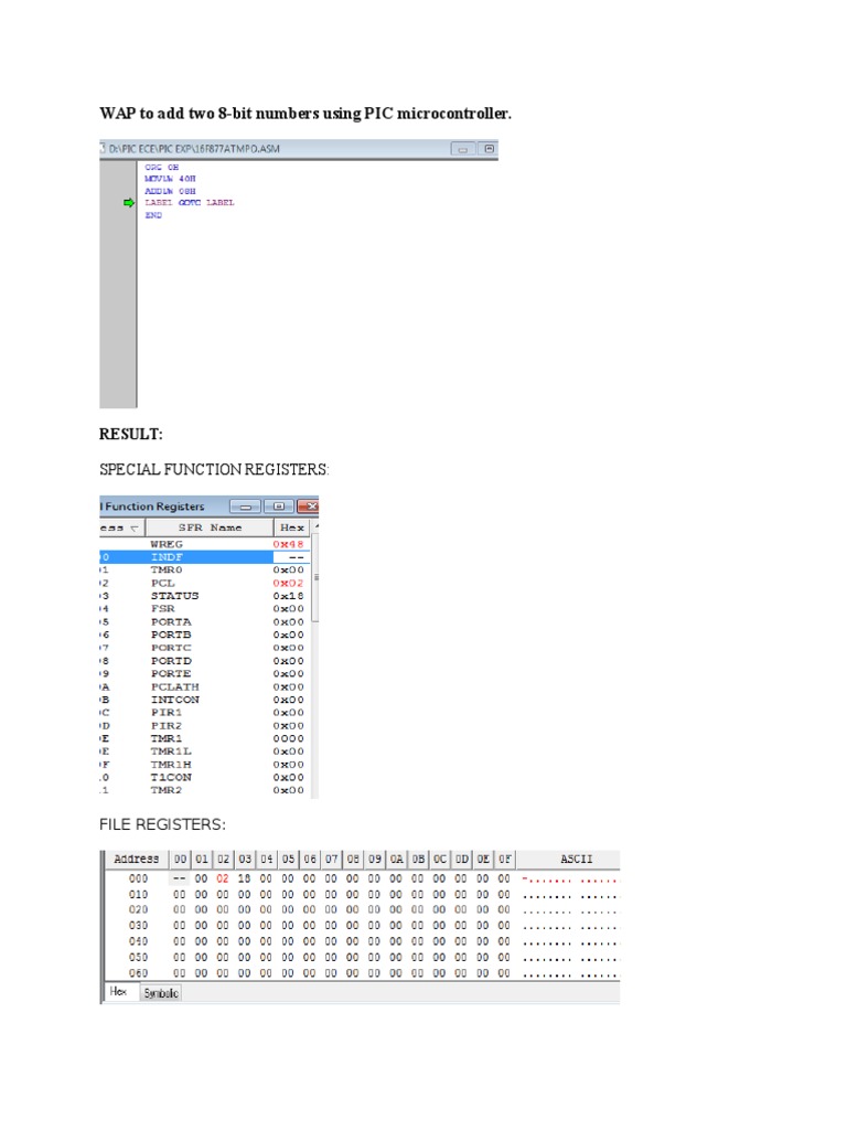 WAP To Add Two 8-Bit Numbers Using PIC Microcontroller.: Result | PDF