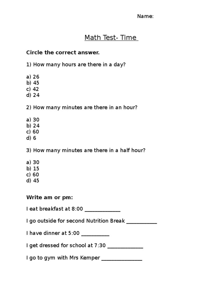 Grade 2 Time Math Test | PDF | Teaching Methods & Materials | Self ...