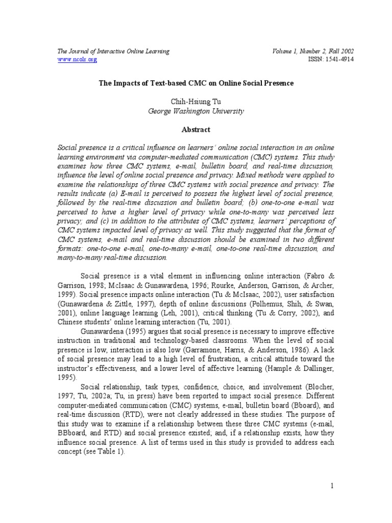 Effects of CMC on Online Social Presence | PDF | Computer Mediated ...