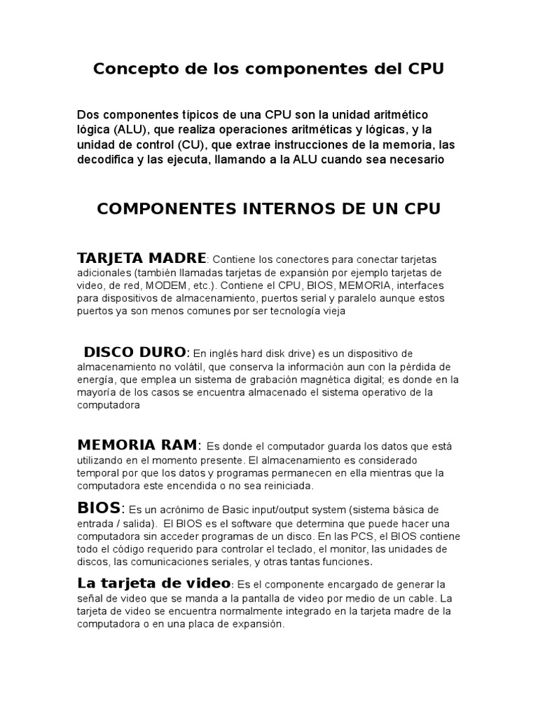 Concepto de Los Componentes Del CPU | PDF | Hardware de la computadora ...