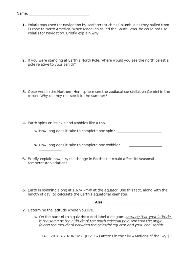FALL 2016 ASTRONOMY QUIZ 1 - Patterns in The Sky - Motions of The Sky ...