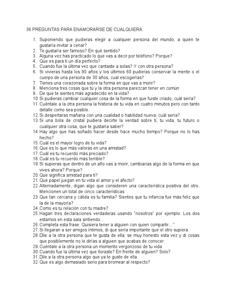 36 Preguntas para Enamorarse de Cualquiera | PDF | Ocio