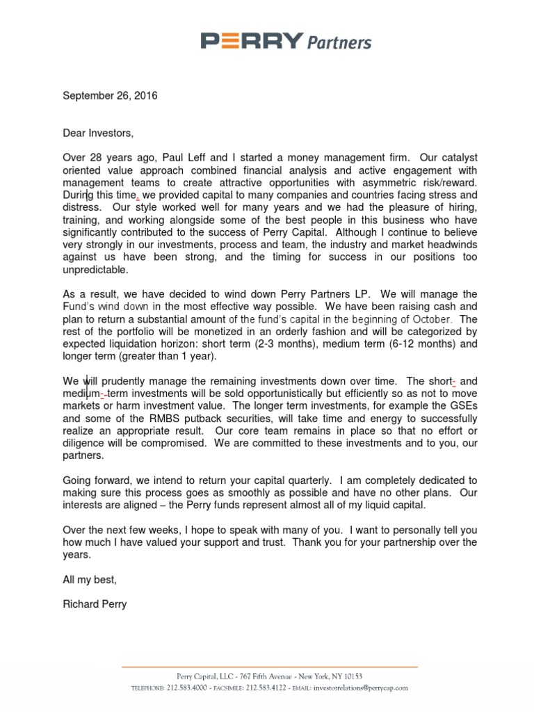 Perry Capital Investor Letter | PDF | Hedge Fund | Investing
