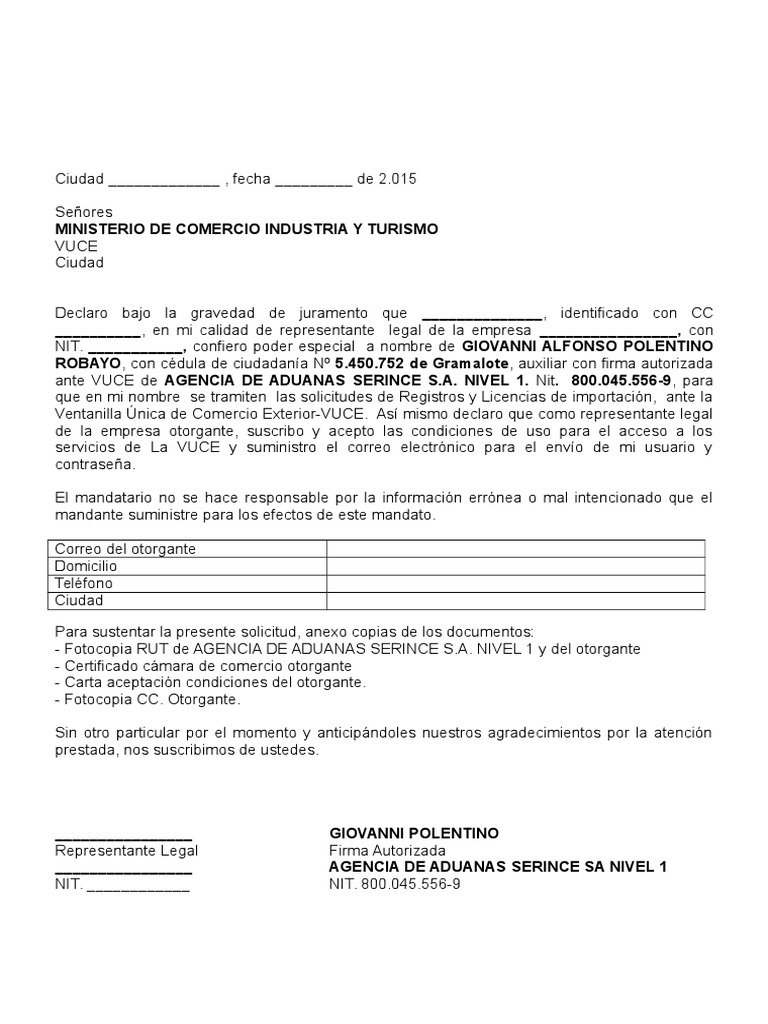 Mandato Comercial ante VUCE DIAN | PDF