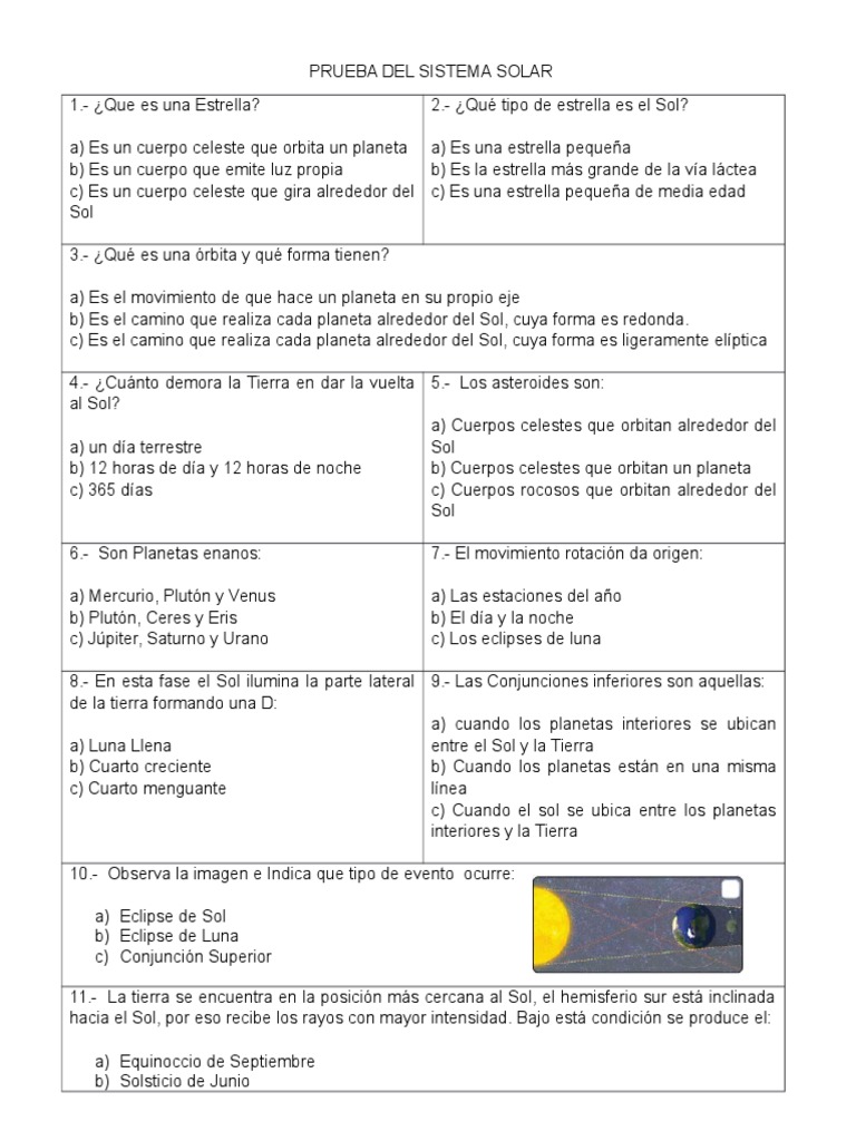 Examen sobre el Sistema Solar | PDF | Luna | Planetas