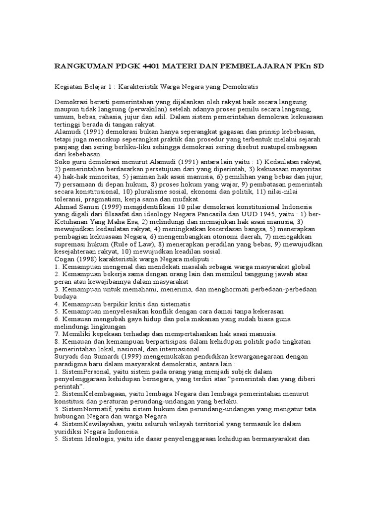RANGKUMAN PDGK 4401 MATERI DAN PEMBELAJARAN PKN SD | PDF