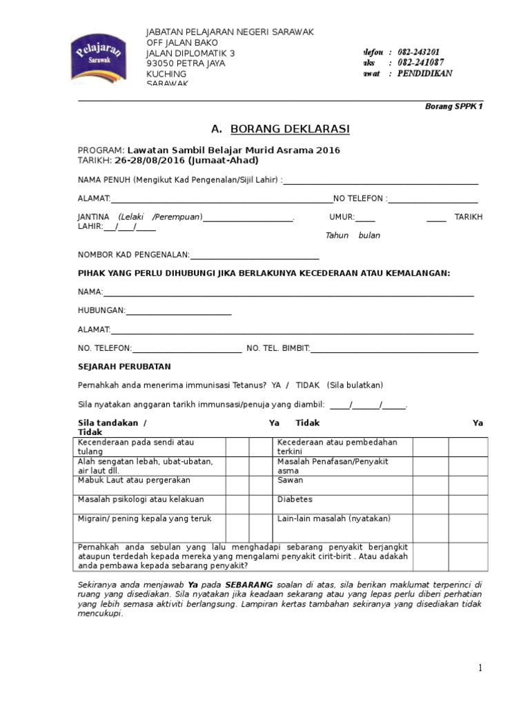 Borang Deklarasi Murid JPN Sarawak | PDF