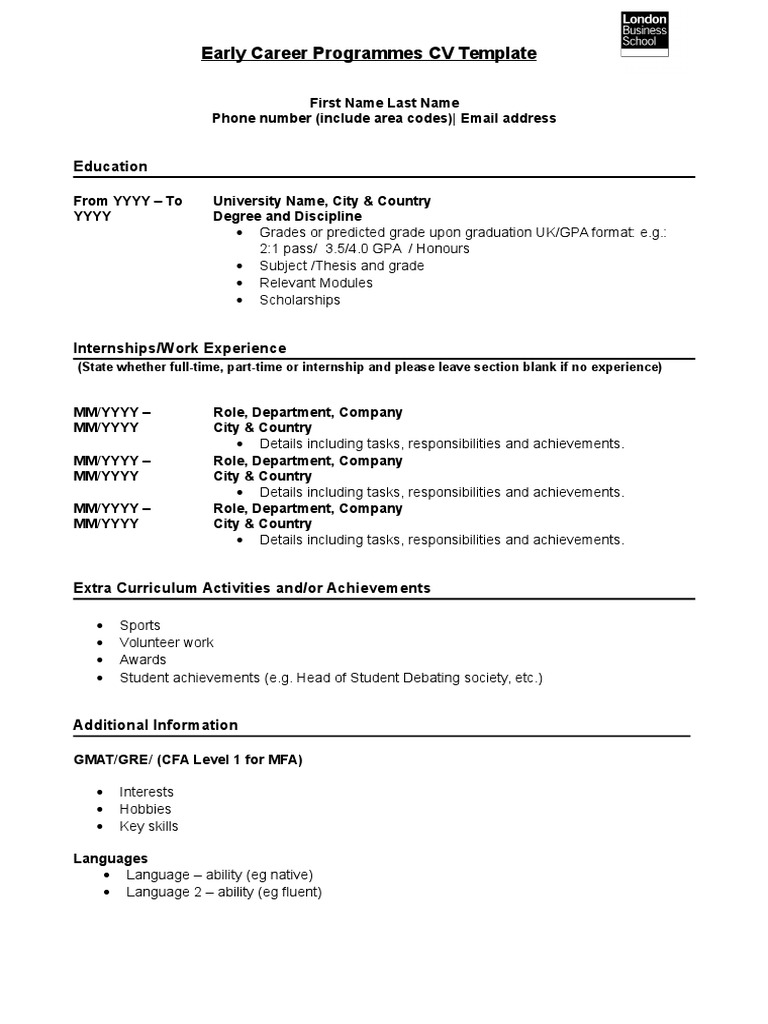 Early Career Programmes CV Template | PDF | Graduate Record ...