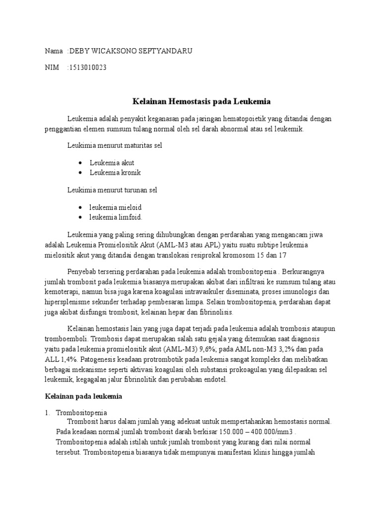 Hemostasis pada Leukemia: Trombositopenia dan Trombosis | PDF