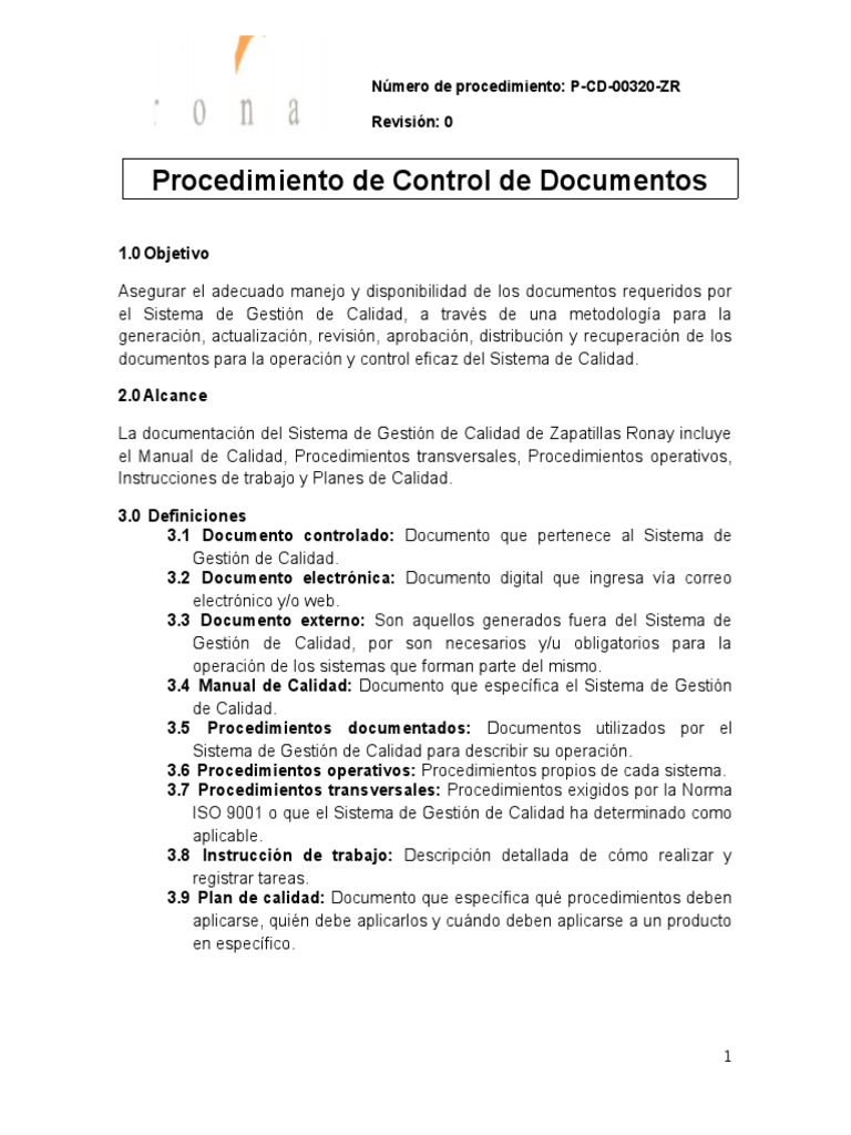 Procedimiento de Control de Documentos | Calidad (comercial ...