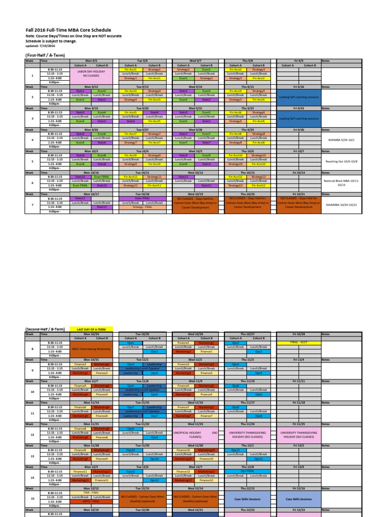 Fall 2016 Full-Time MBA Core Schedule: (First-Half / A-Term) | PDF ...
