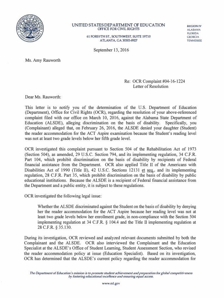 U.S. Department of Education OCR Resolution Letter Re: Testing ...