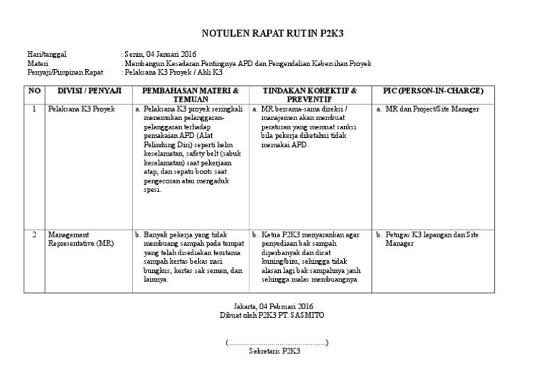Notulen Rapat p2k3 Januari 2016 | PDF